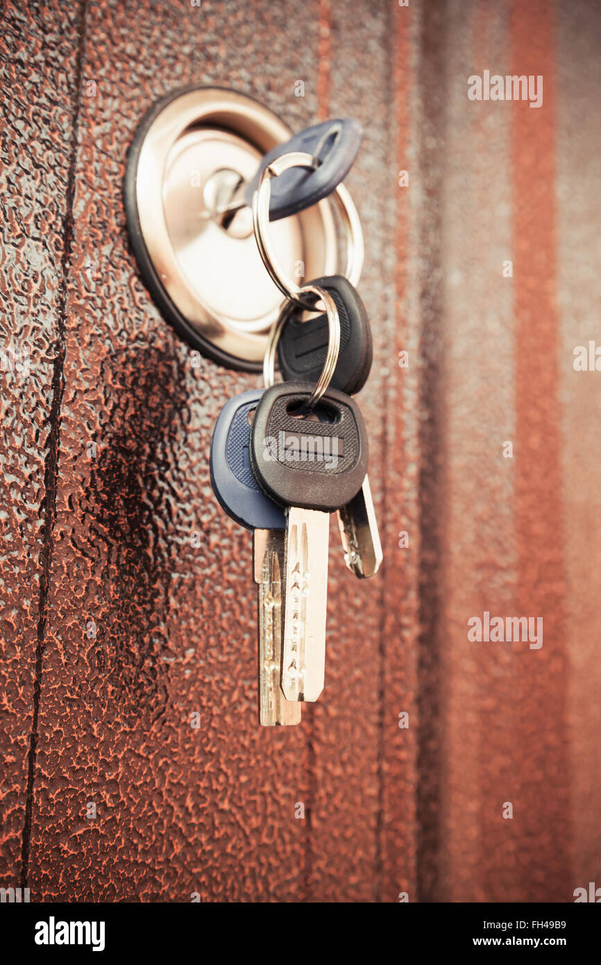 Metal door fragment with keys in a keyhole Stock Photo - Alamy