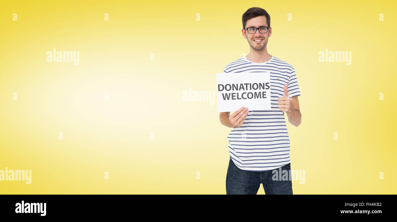 Composite image of man holding a donation welcome note while gesturing ...