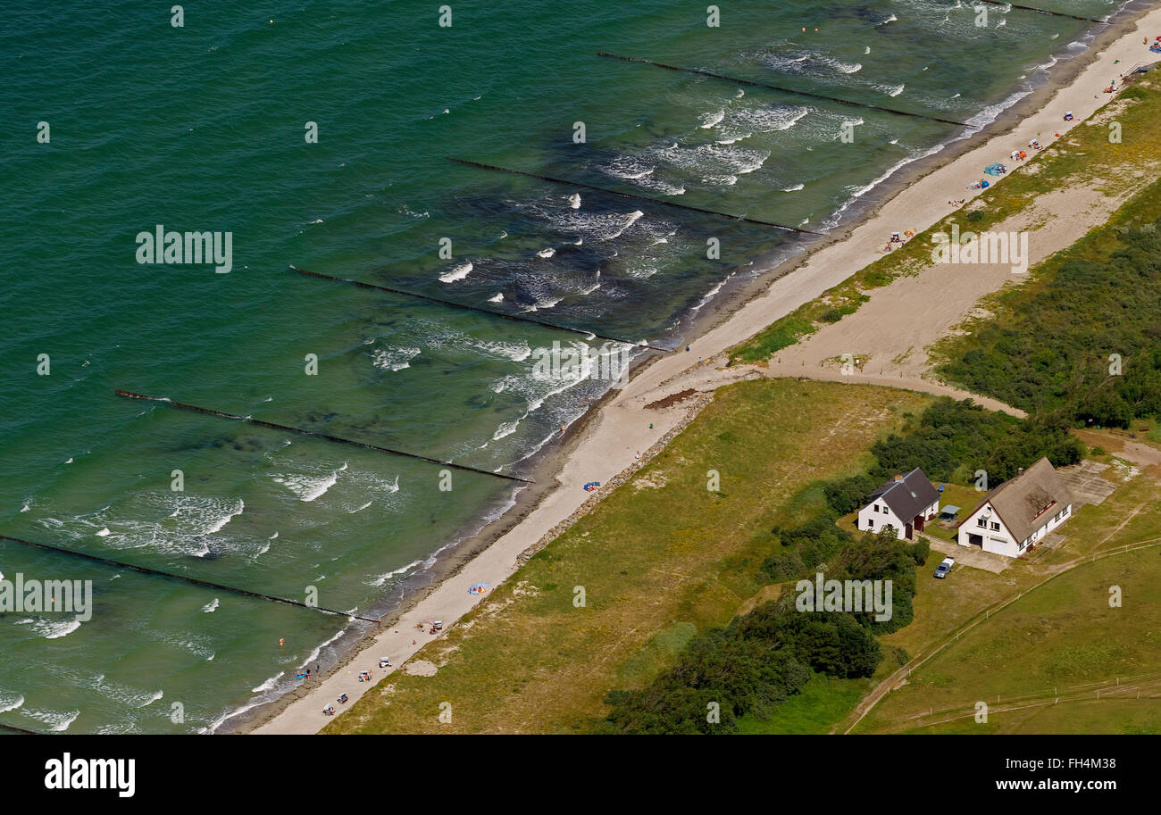 Aerial view, Hiddensee Island, groynes, lonely house, Baltic island ...