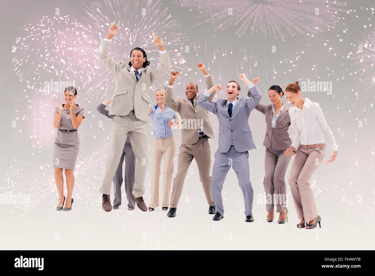 Composite image of very enthusiast business people jumping and raising ...