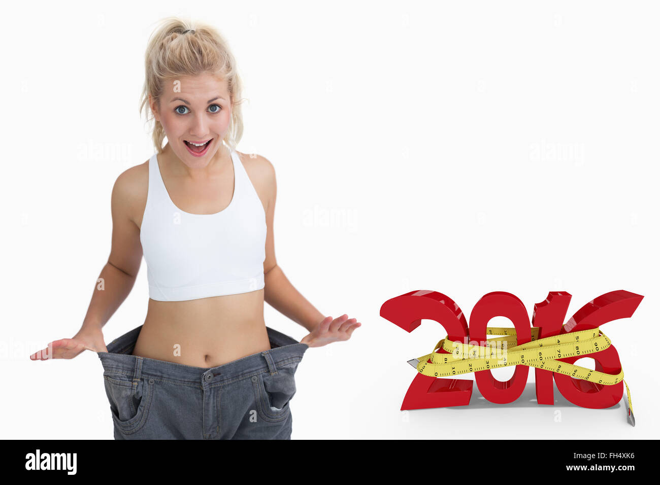 Composite image of thin woman wearing old pants after losing weight ...