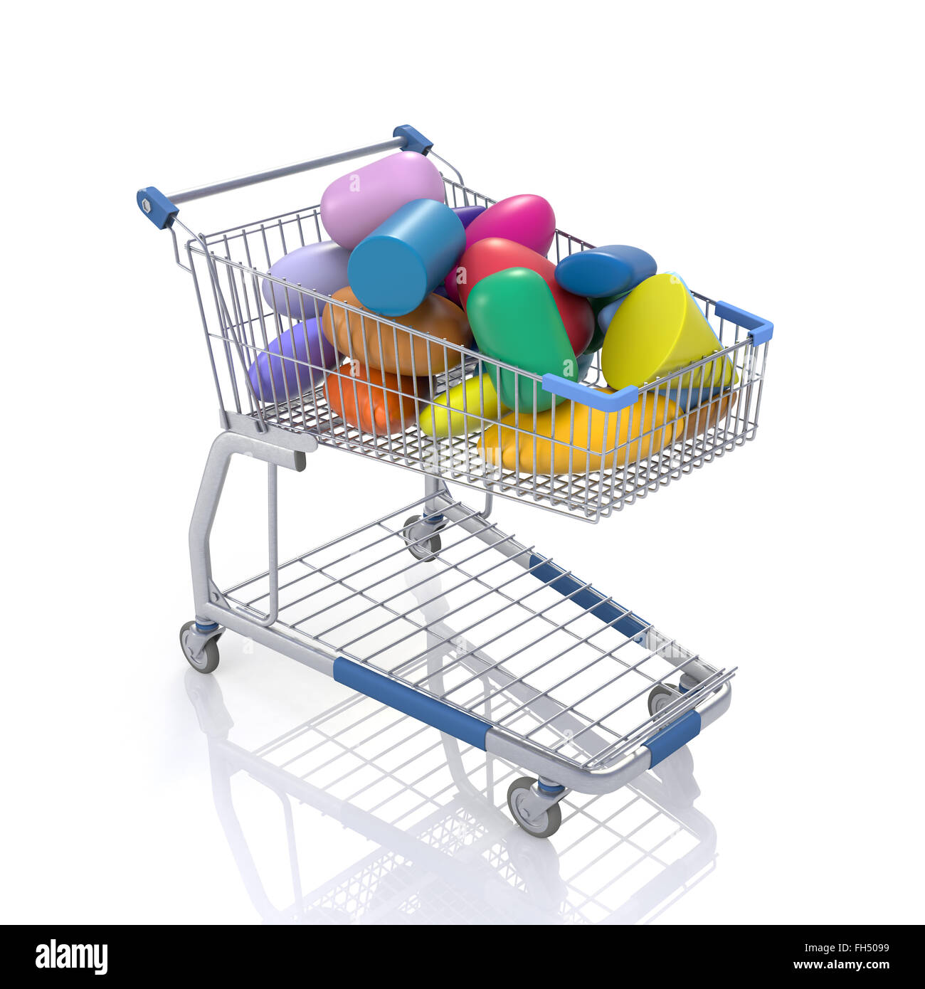 Colorful boxes, supermarket shopping cart. Isolated on white background ...