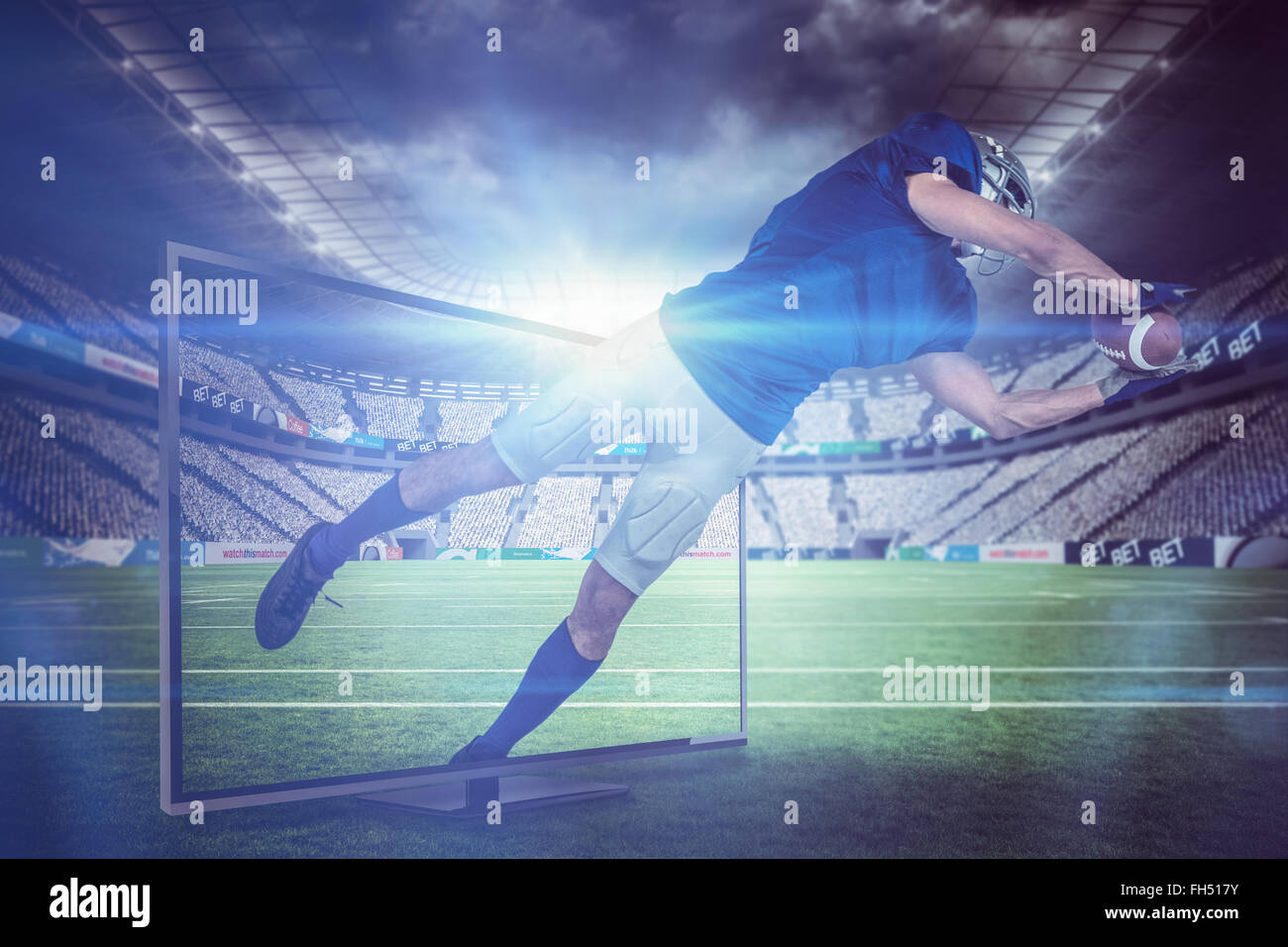 Composite image of american football player catching ball in mid-air ...