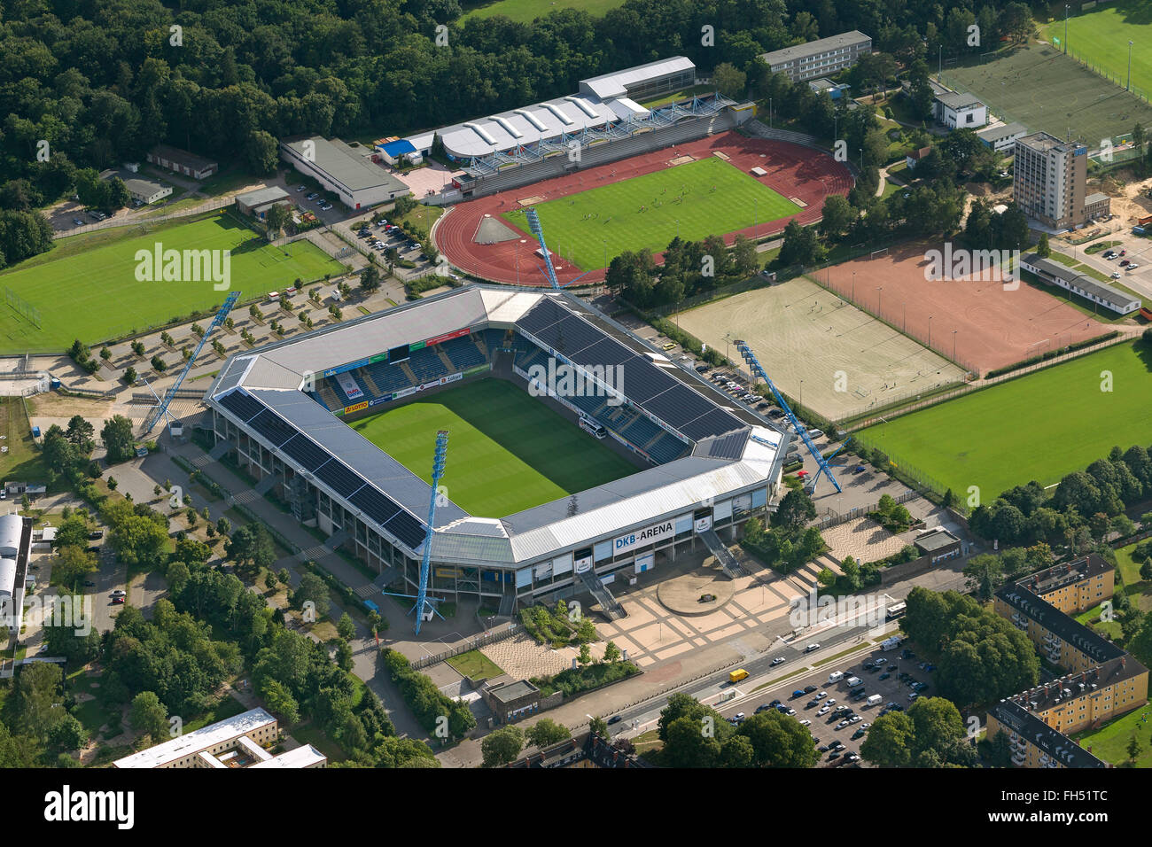 Aerial view, panoramic Baltic stadium DKB Arena, Rostock, Baltic Sea ...