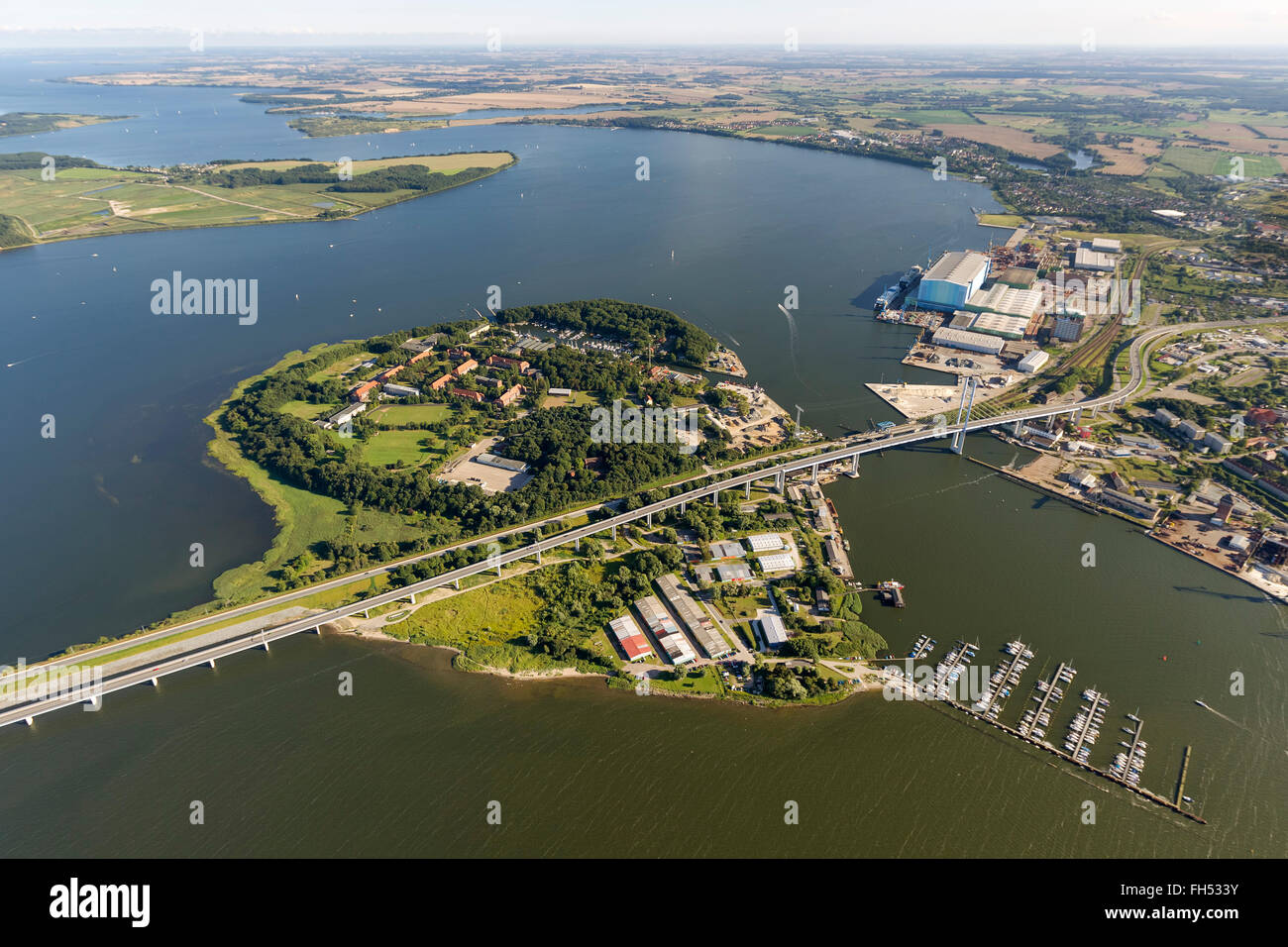 Aerial view, island Dänholm, Rügen Bridge bridge link between Stralsund ...