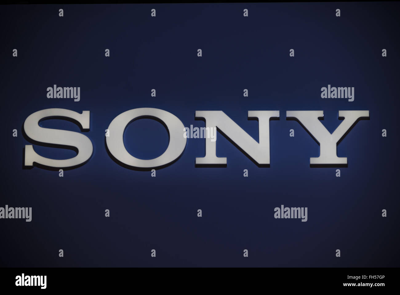 Catalonia, Spain, 23rd February, 2016. A 'SONY' logo sits illuminated ...