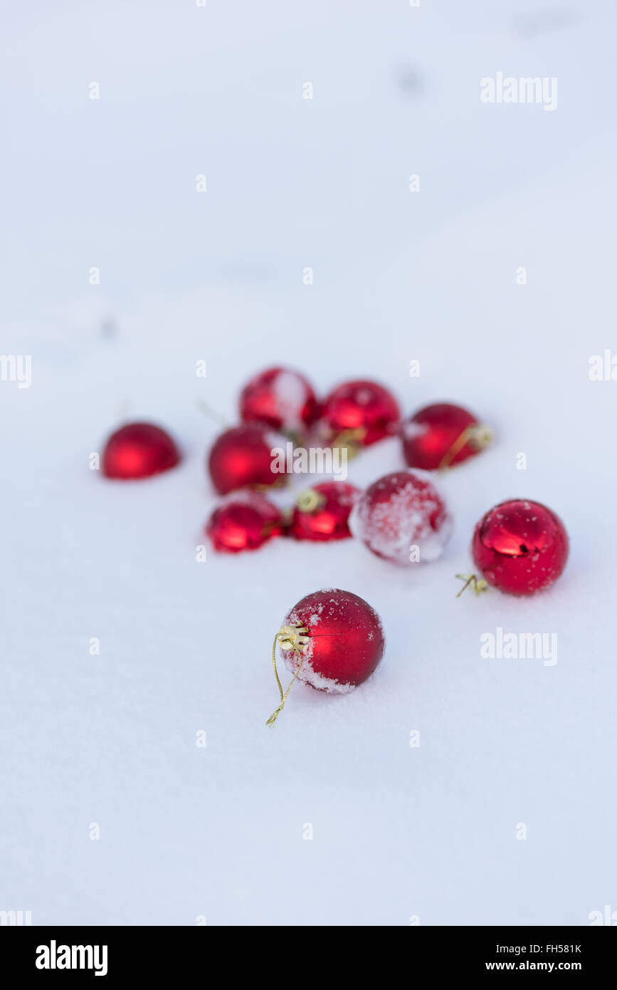 red christmas balls in fresh snow Stock Photo - Alamy