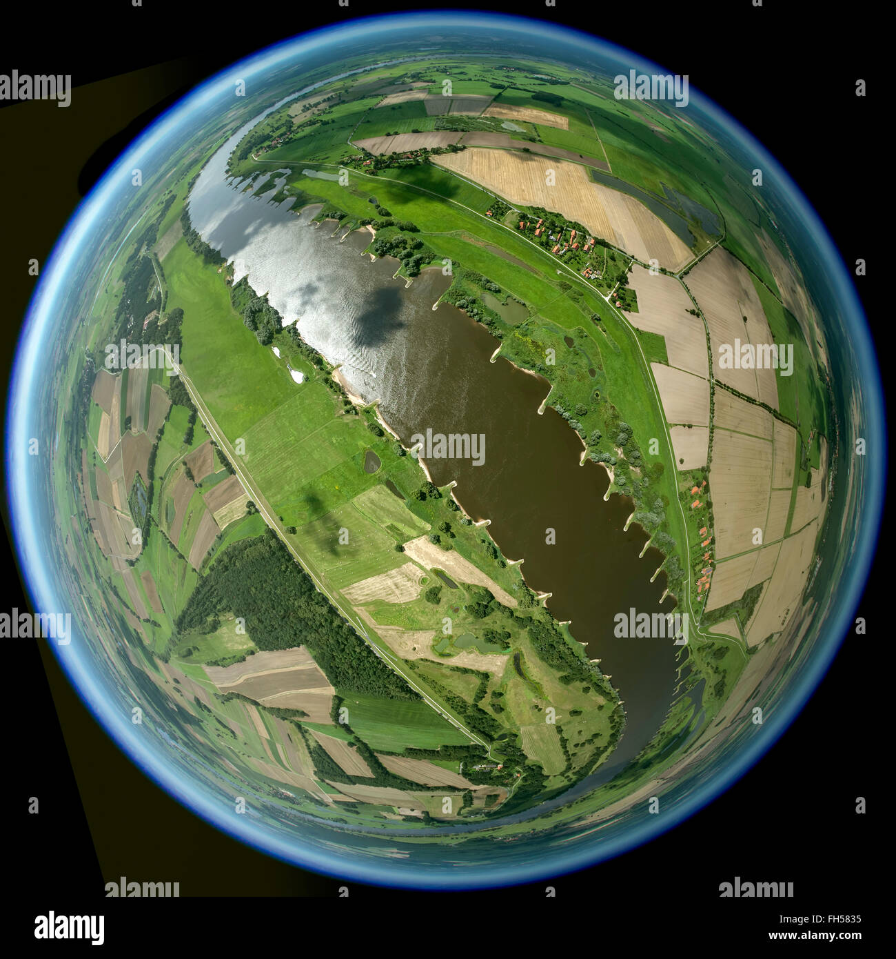 Aerial view, Elbe valley, fields, groins, river, fish eye lens, round ...