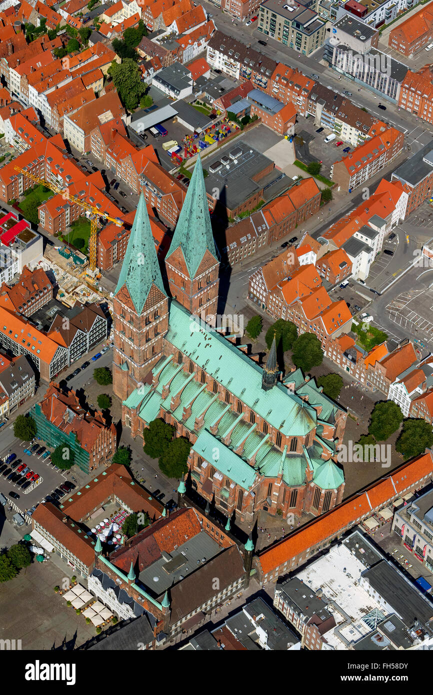 Aerial view, St. Mary Church, Old Town of Lübeck, Lübeck, Baltic Sea ...