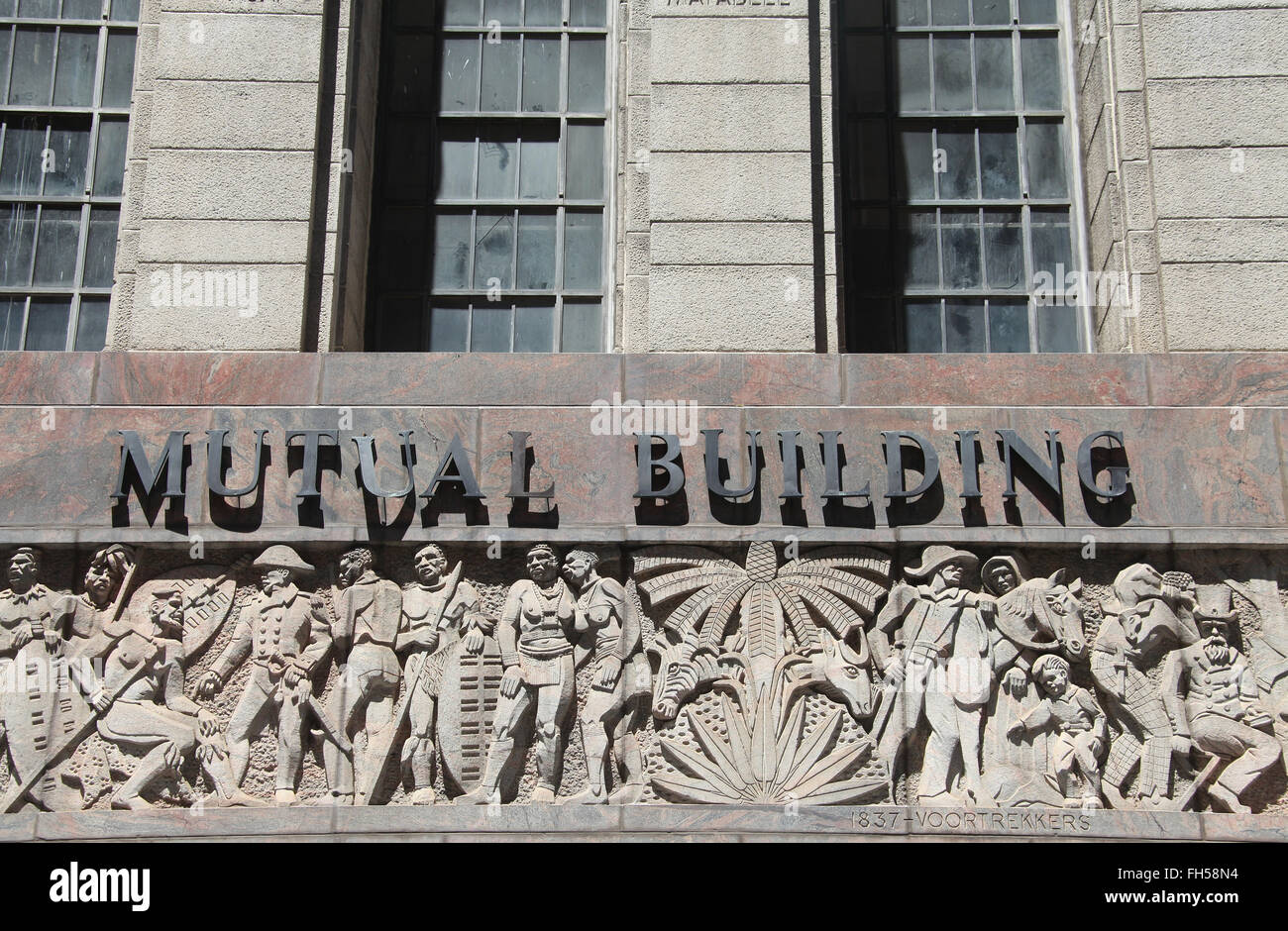 Carved stone frieze on the famous art deco Mutual Building at Cape Town ...