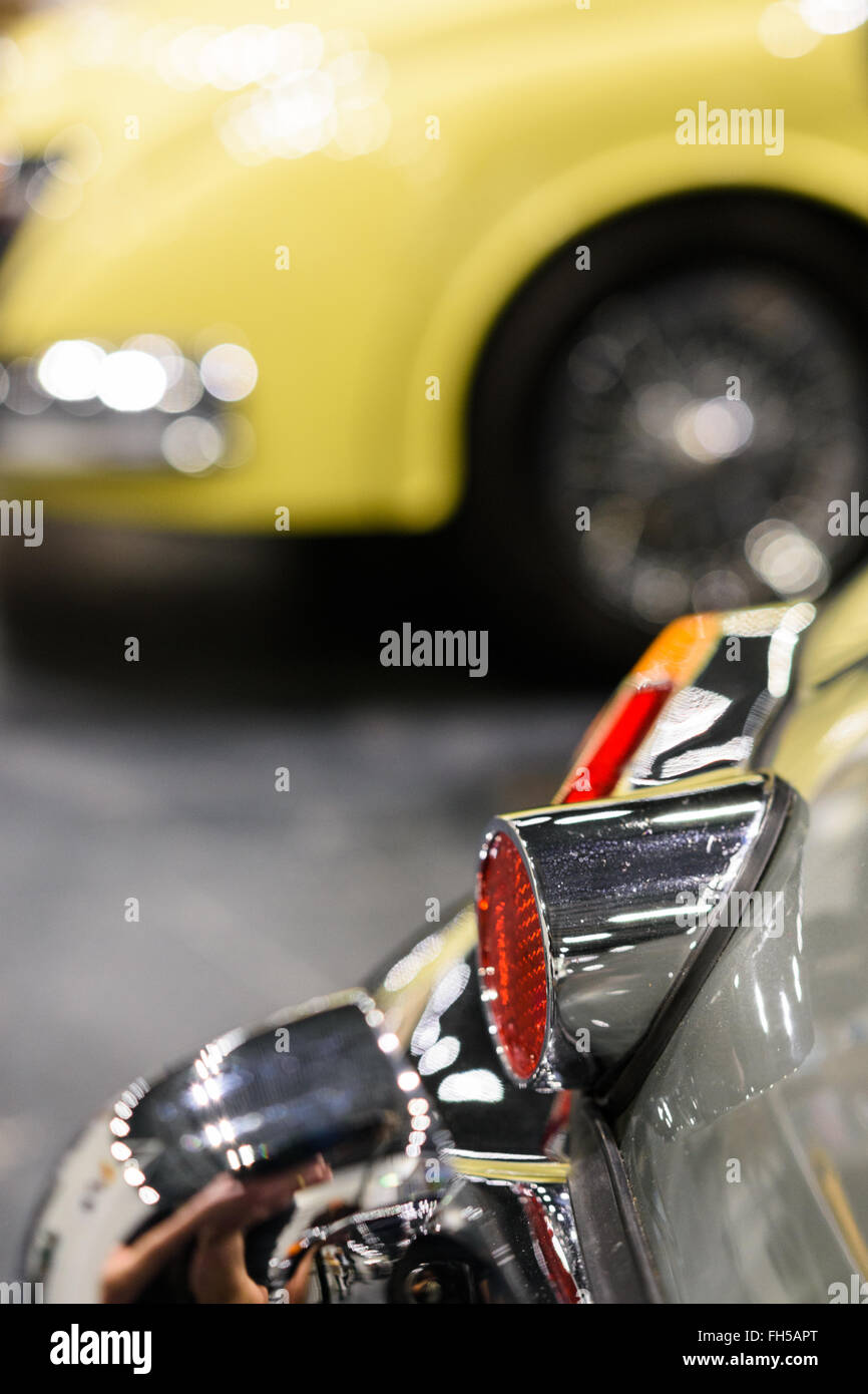 Abstract rear light cluster on a Jaguar on display at the 2016 London ...