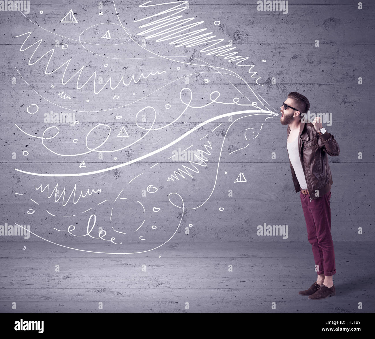 Funny shouting hipster with drawn lines Stock Photo - Alamy