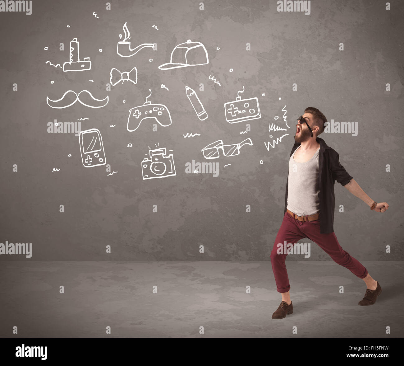 Funny hipster guy shouting drawn items Stock Photo - Alamy