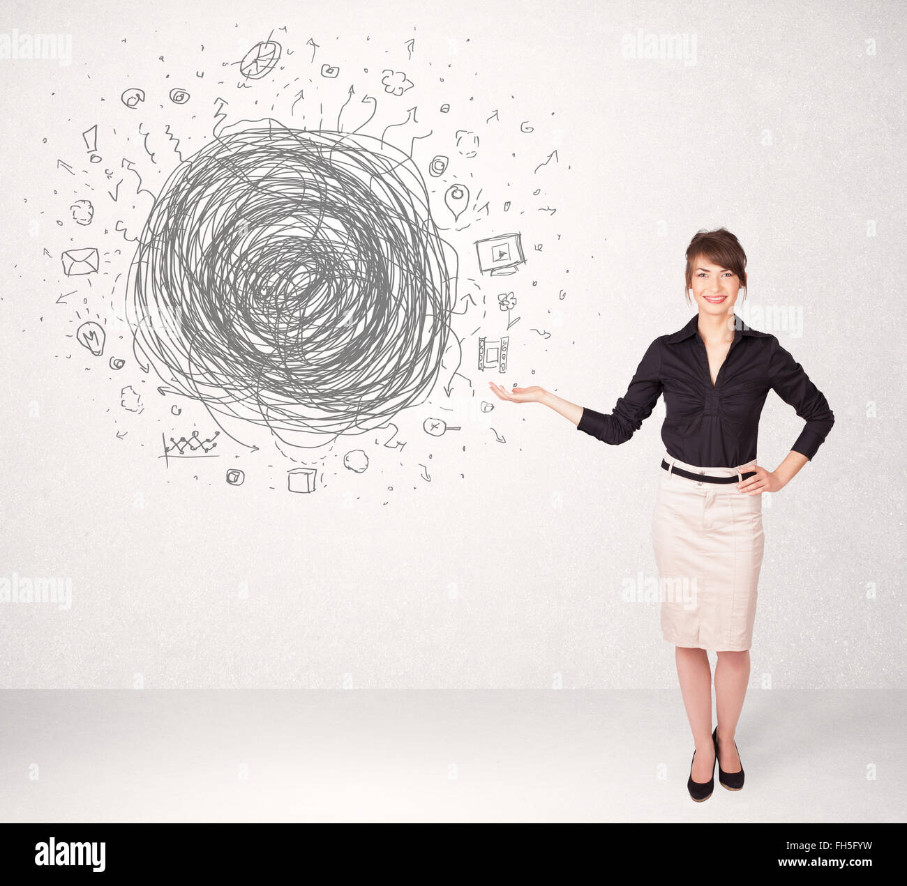 Young business woman with media doodle scribble Stock Photo - Alamy