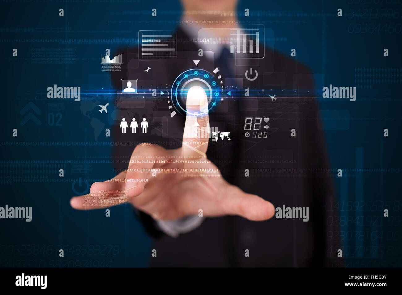 Handsome businessman touching future web technology buttons and icons ...