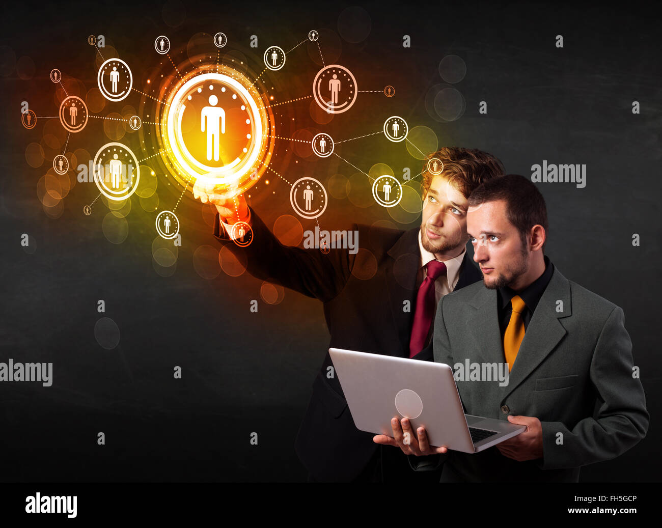 Young modern business people touching future technology social network ...