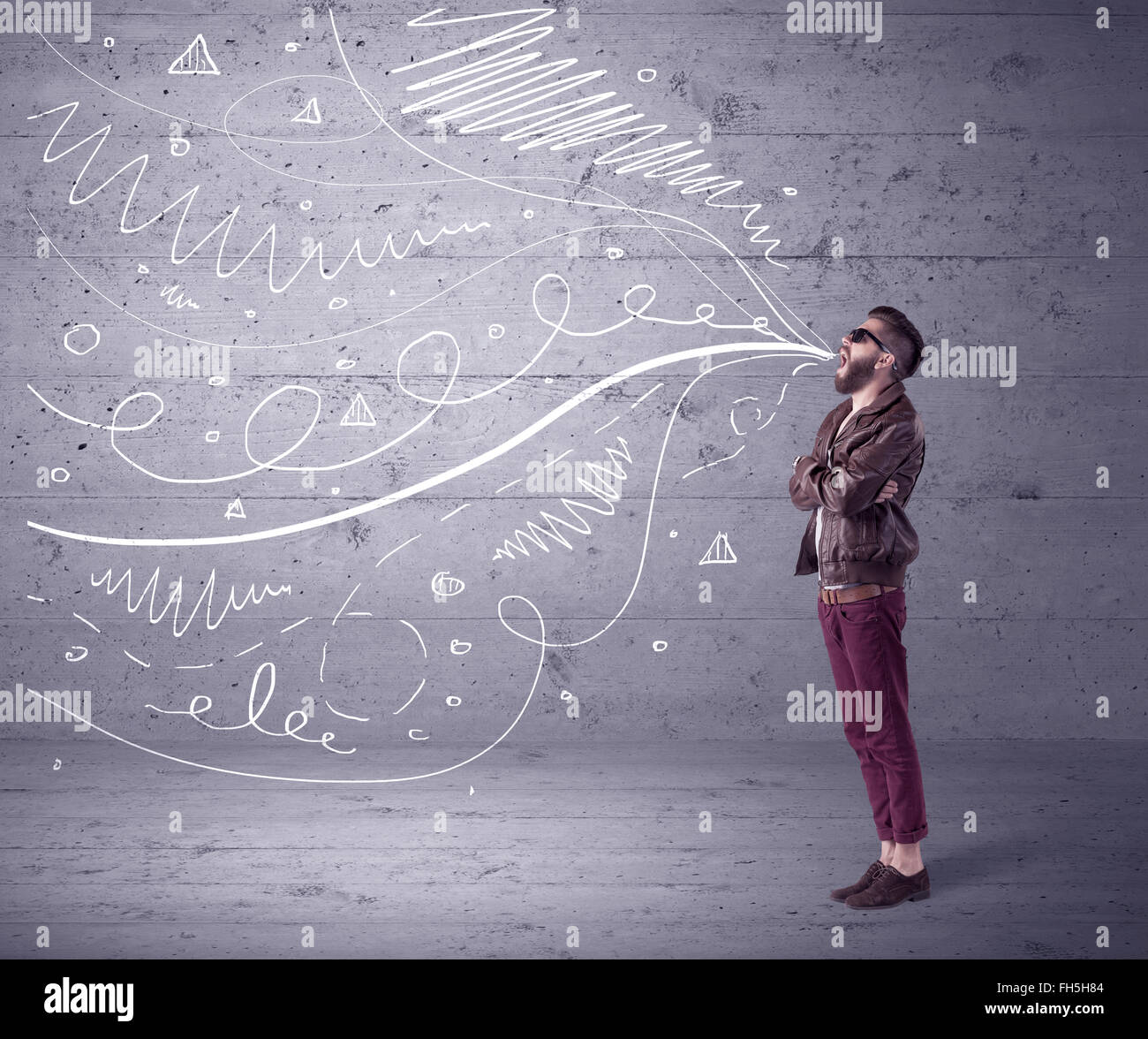 Funny shouting hipster with drawn lines Stock Photo - Alamy