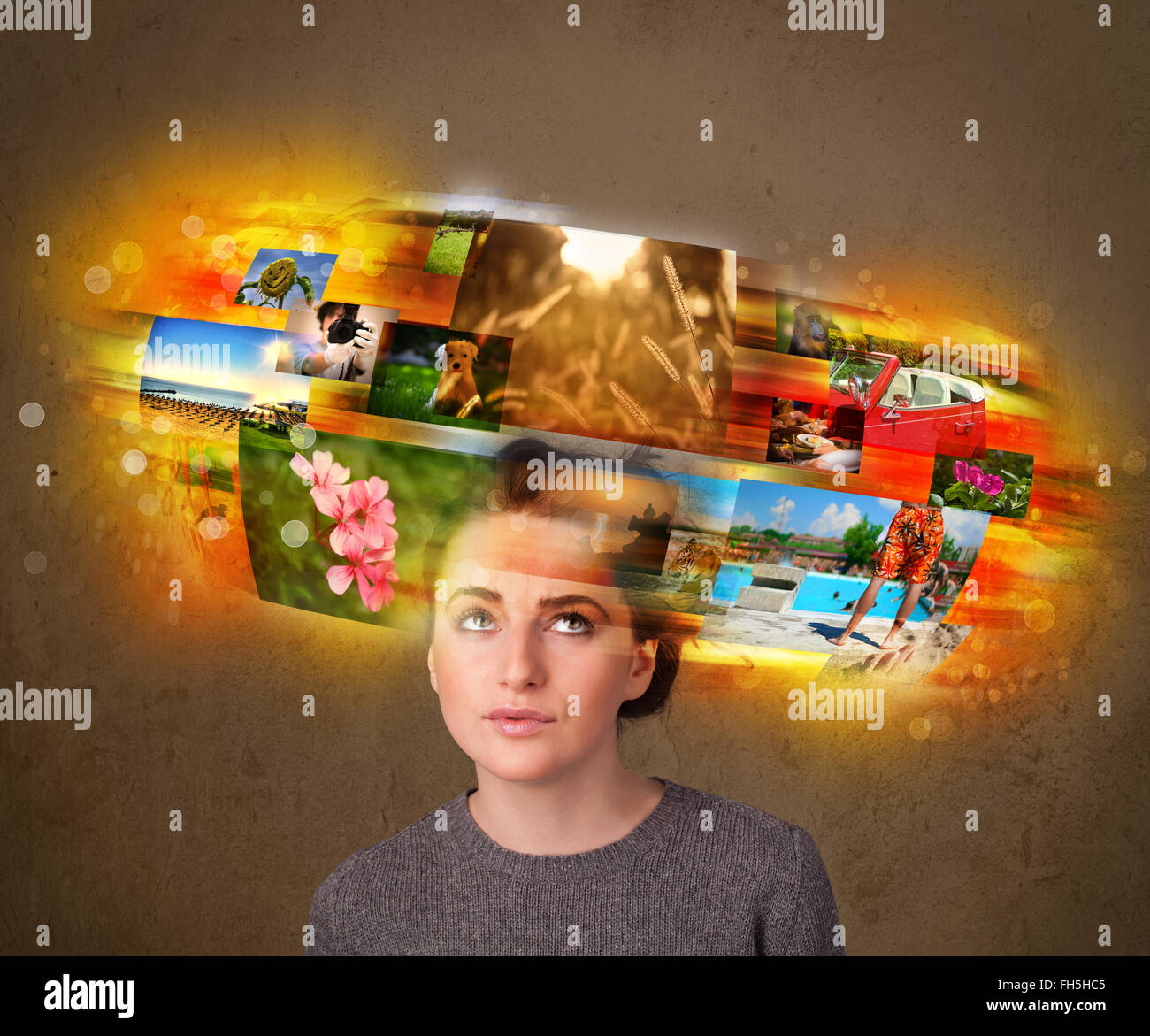 girl with colorful glowing photo memories concept Stock Photo - Alamy