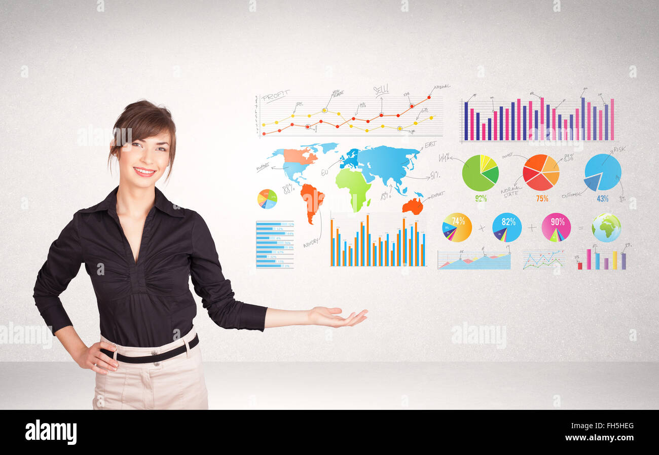 Business woman with colorful graphs and charts Stock Photo - Alamy