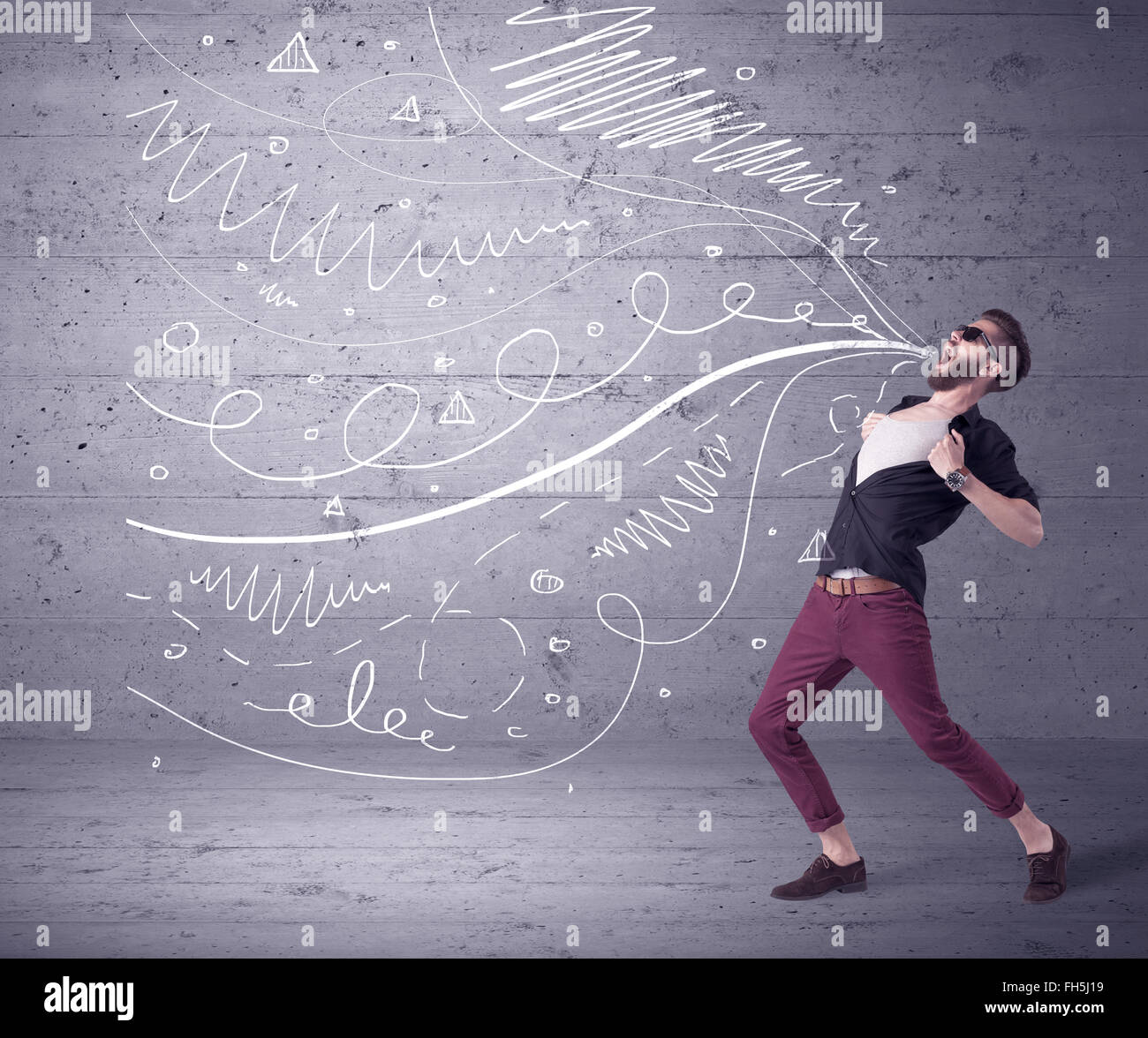 Funny shouting hipster with drawn lines Stock Photo - Alamy