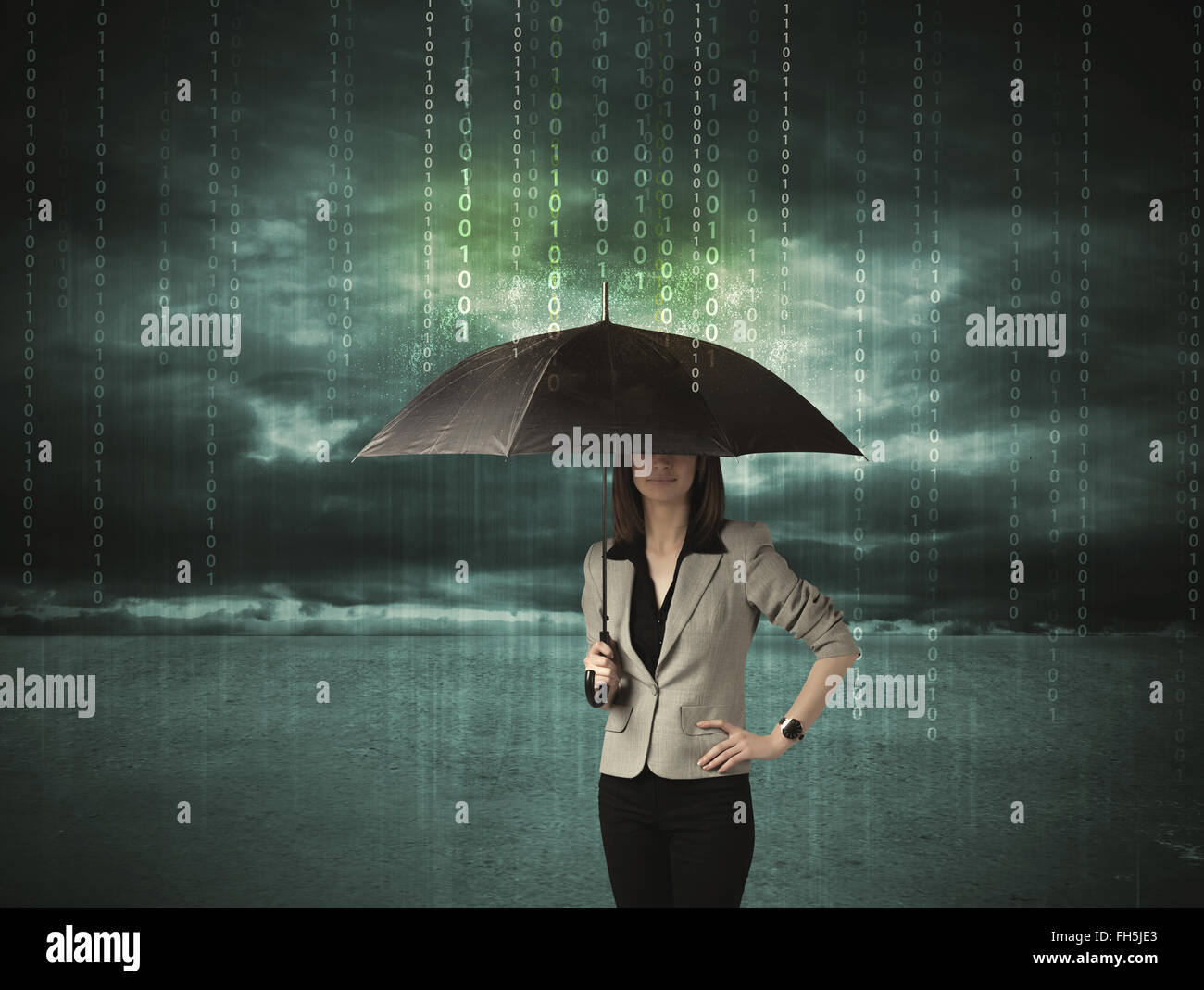 Business woman standing with umbrella data protection concept Stock ...
