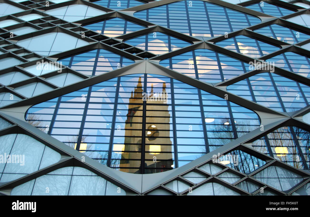 St George's Church reflected in the Diamond building in Sheffield city ...