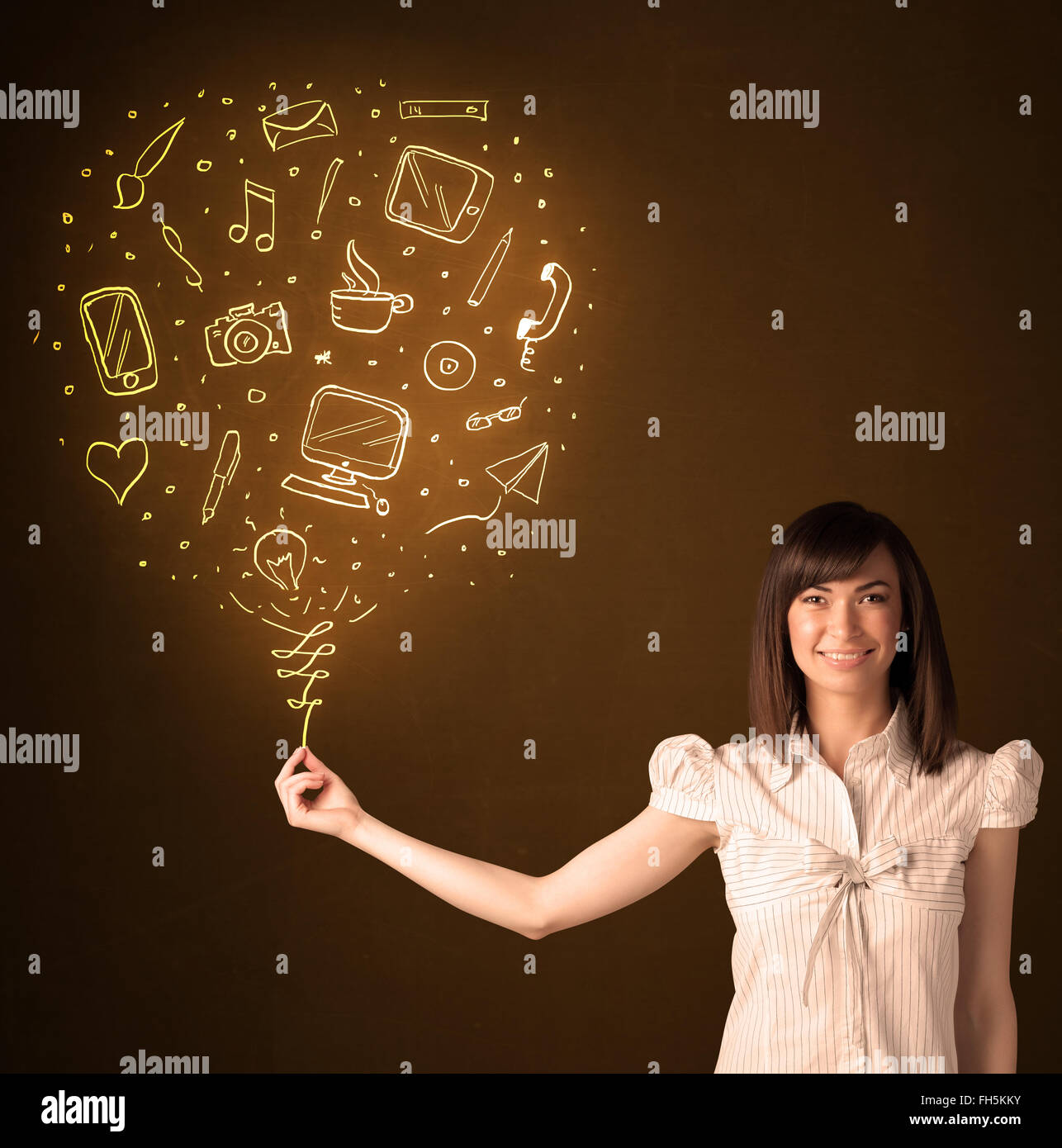 Businesswoman with a social media balloon Stock Photo - Alamy