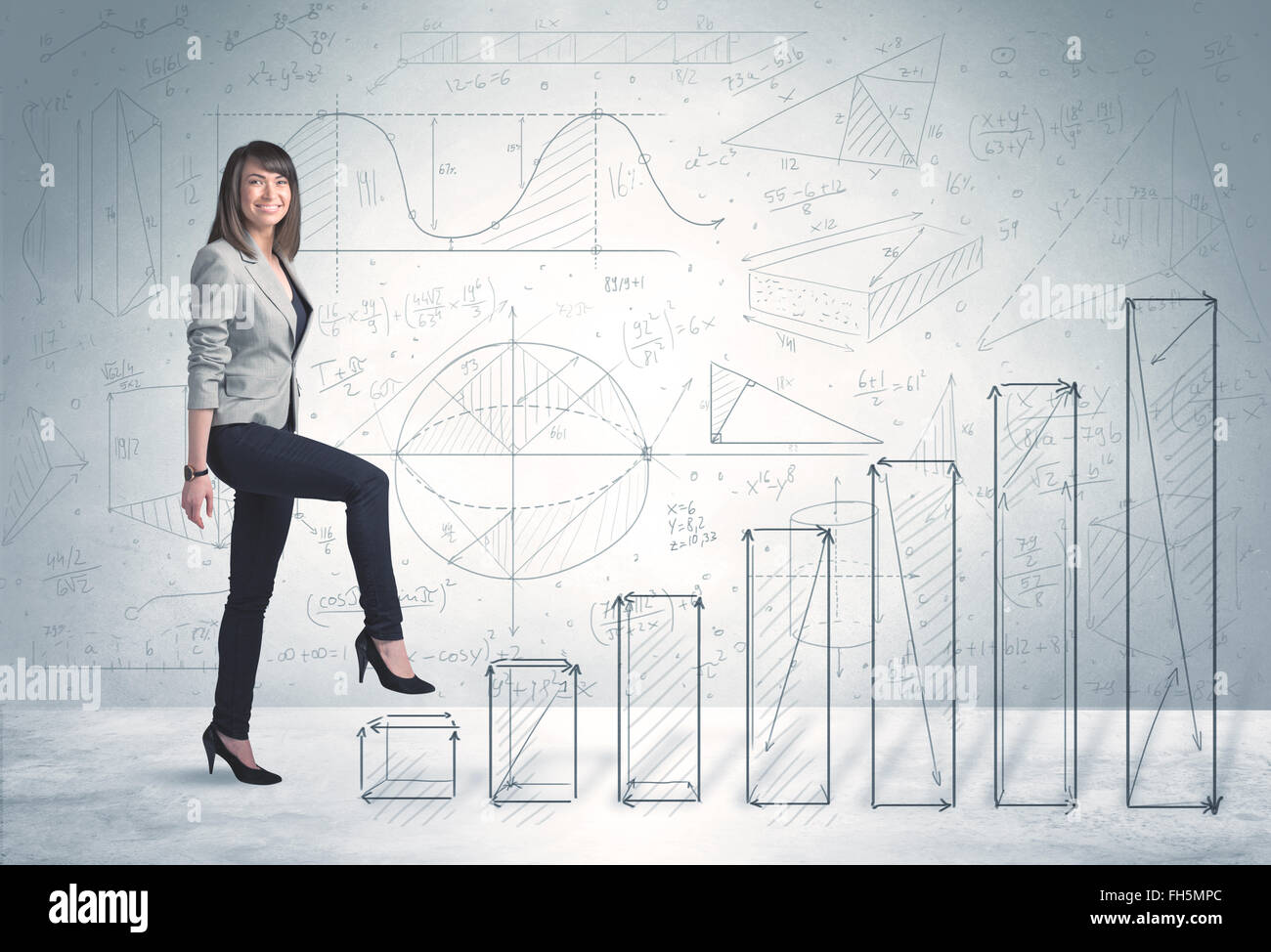 Business woman climbing up on hand drawn graphs concept Stock Photo - Alamy