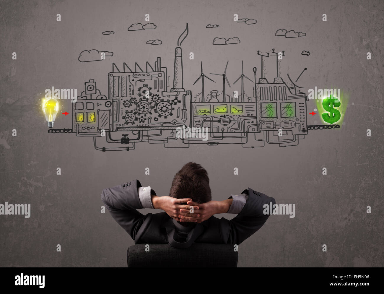Business man looking at factory that makes money from ideas Stock Photo ...