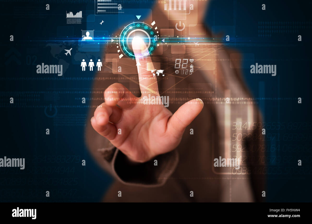 Young business woman touching future web technology buttons and icons ...