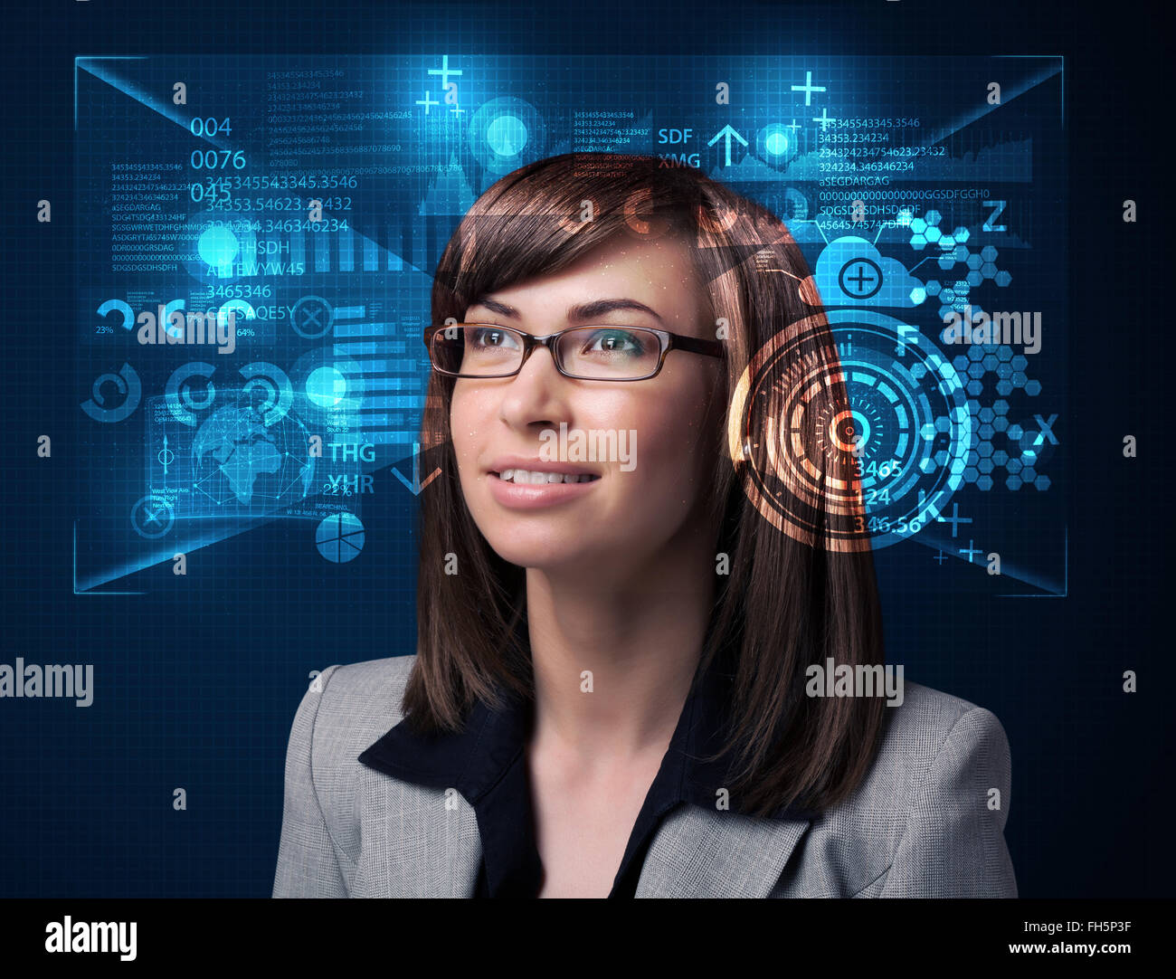 Young woman looking with futuristic smart high tech glasses Stock Photo ...