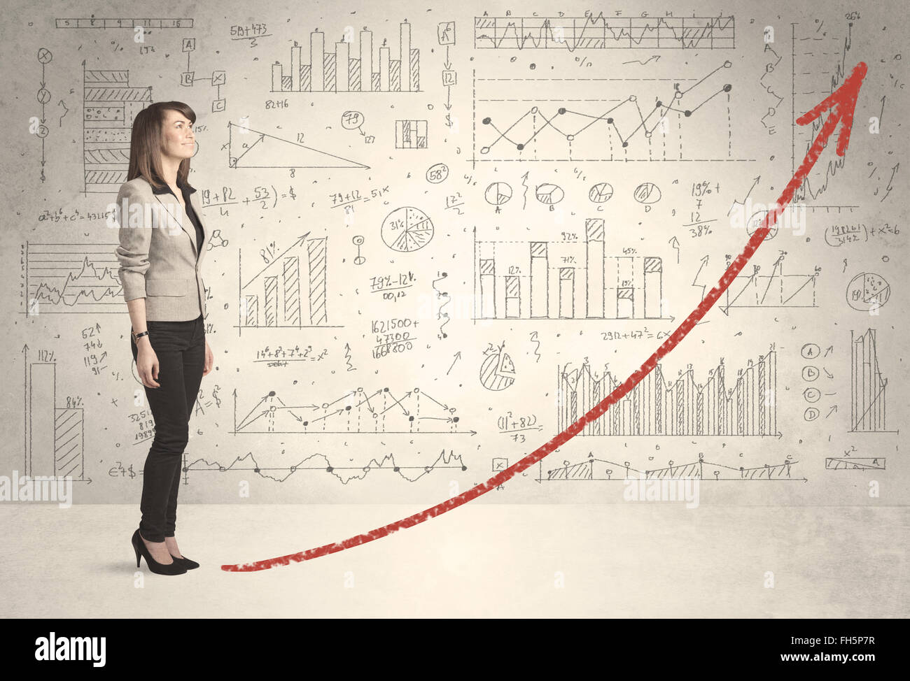 Business woman climbing on red graph arrow concept Stock Photo - Alamy