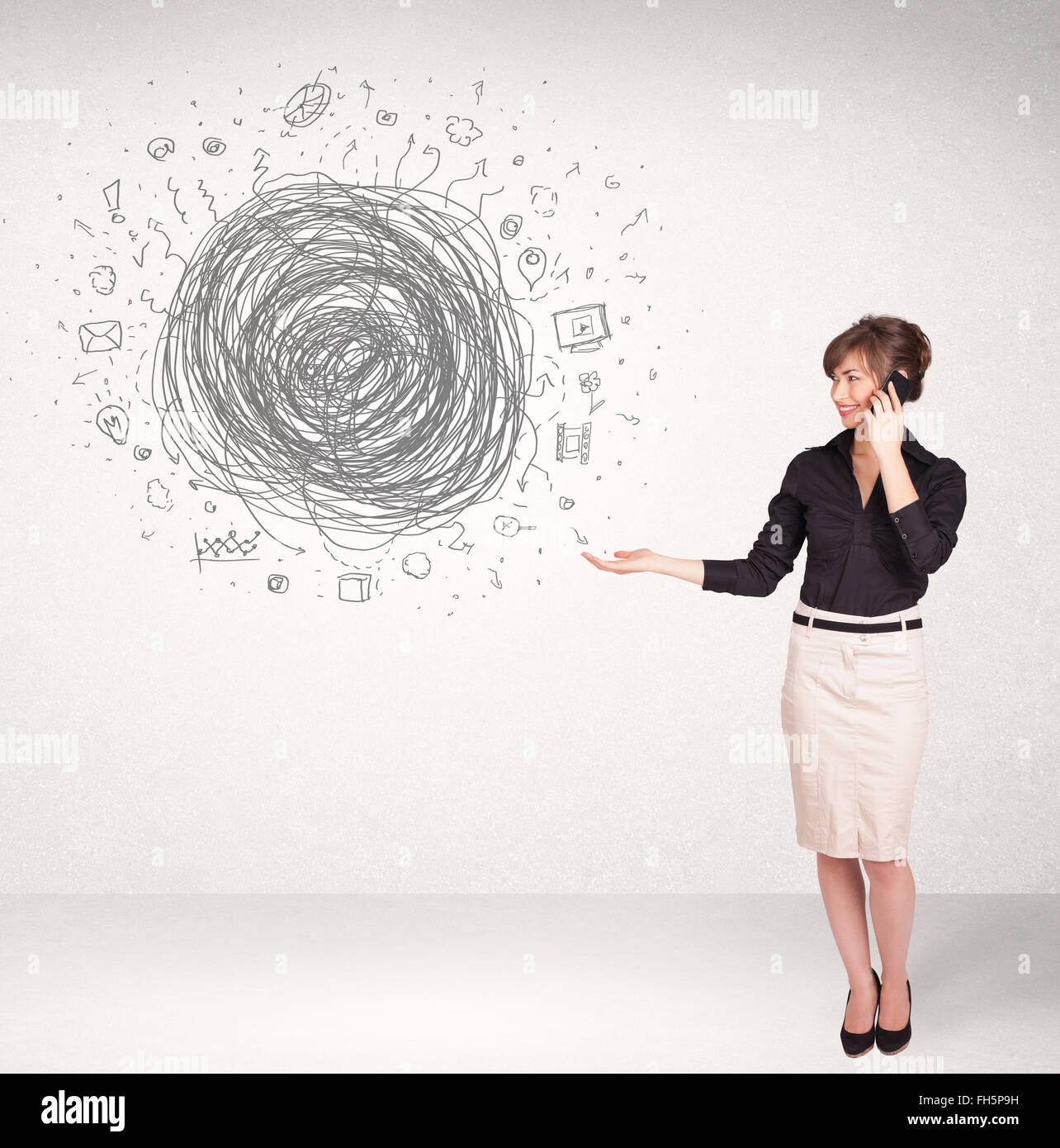 Young business woman with media doodle scribble Stock Photo - Alamy