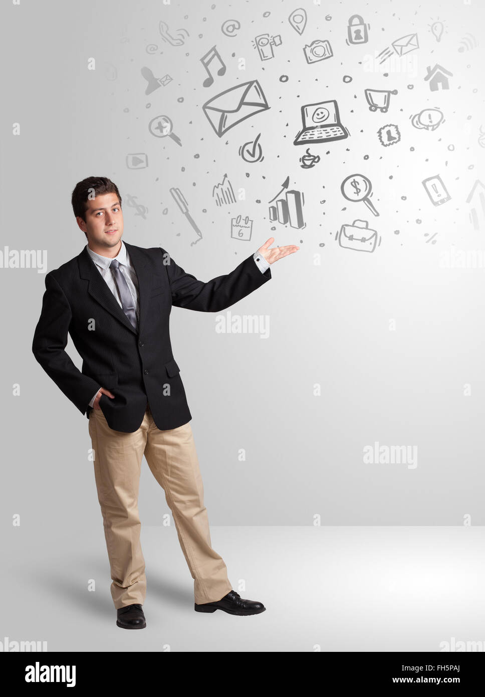 Business man presenting hand drawn sketch graphs and charts Stock Photo ...