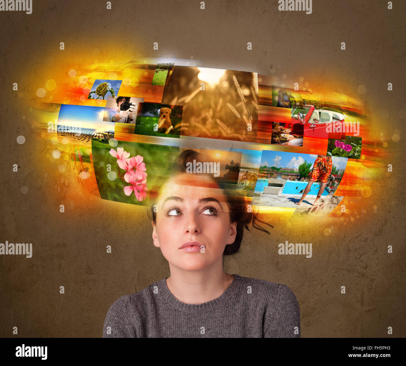 girl with colorful glowing photo memories concept Stock Photo - Alamy
