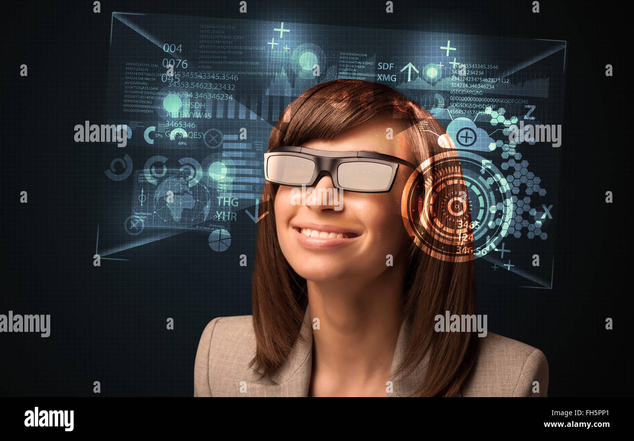 Young woman looking with futuristic smart high tech glasses Stock Photo ...