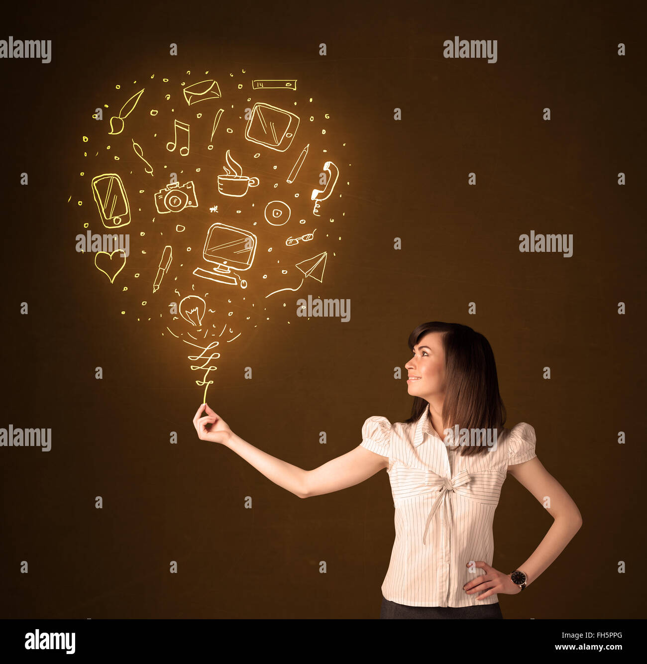 Businesswoman with a social media balloon Stock Photo - Alamy