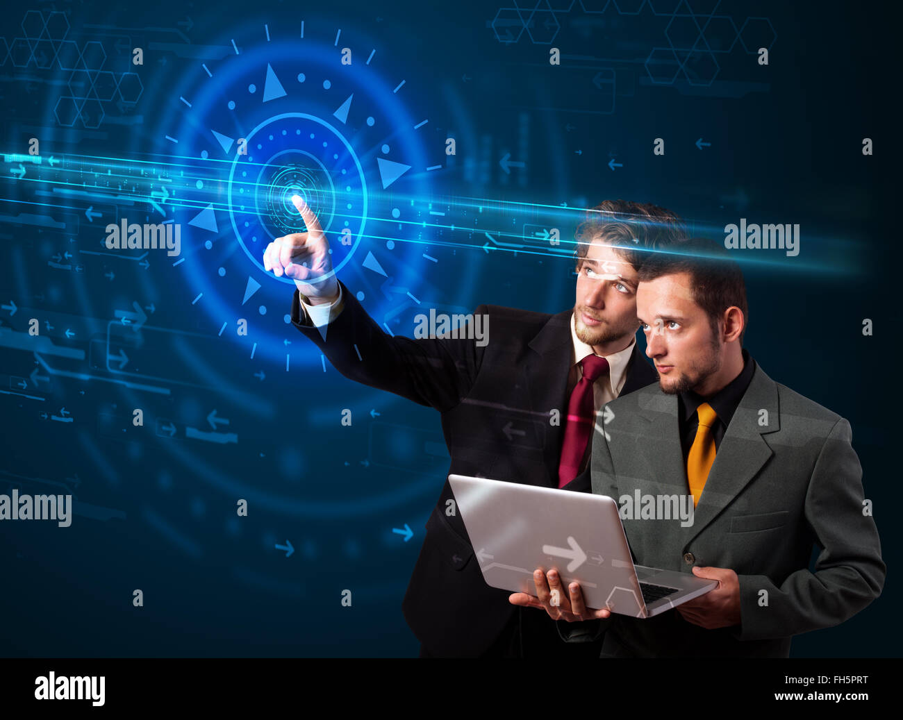 Handsome tech guys pressing high technology control panel screen ...