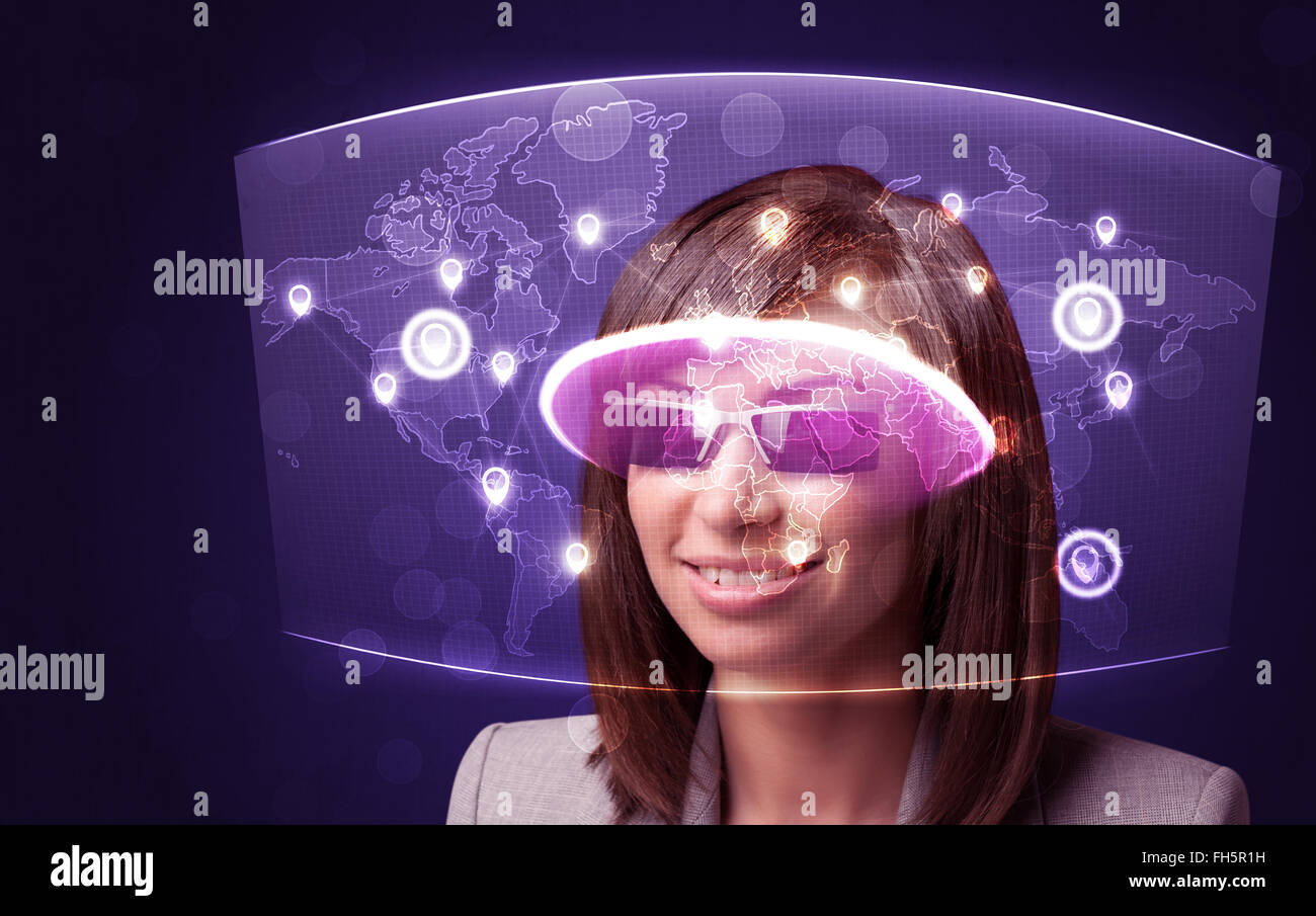 Young woman looking at futuristic social network map Stock Photo - Alamy