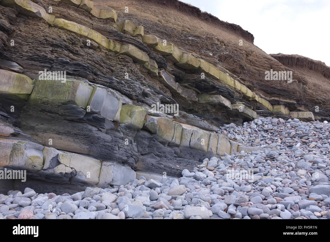 Tilting rock strata of the Jurassic disappearing beneath the pebbles on ...
