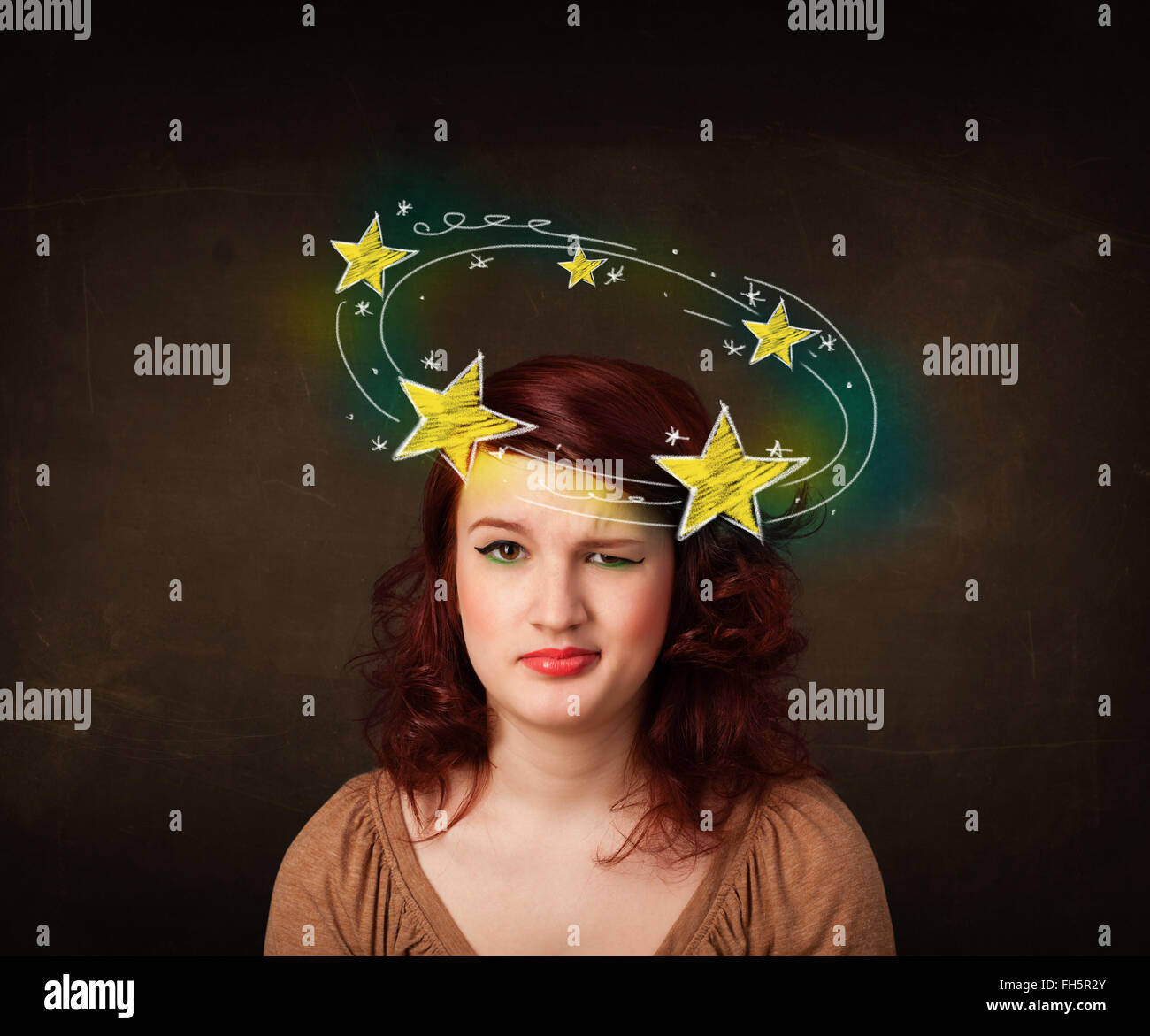 girl with yellow stars circleing around her head illustration Stock ...