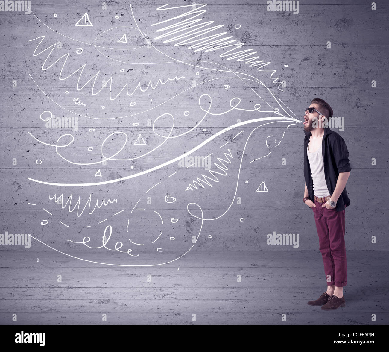 Funny shouting hipster with drawn lines Stock Photo - Alamy