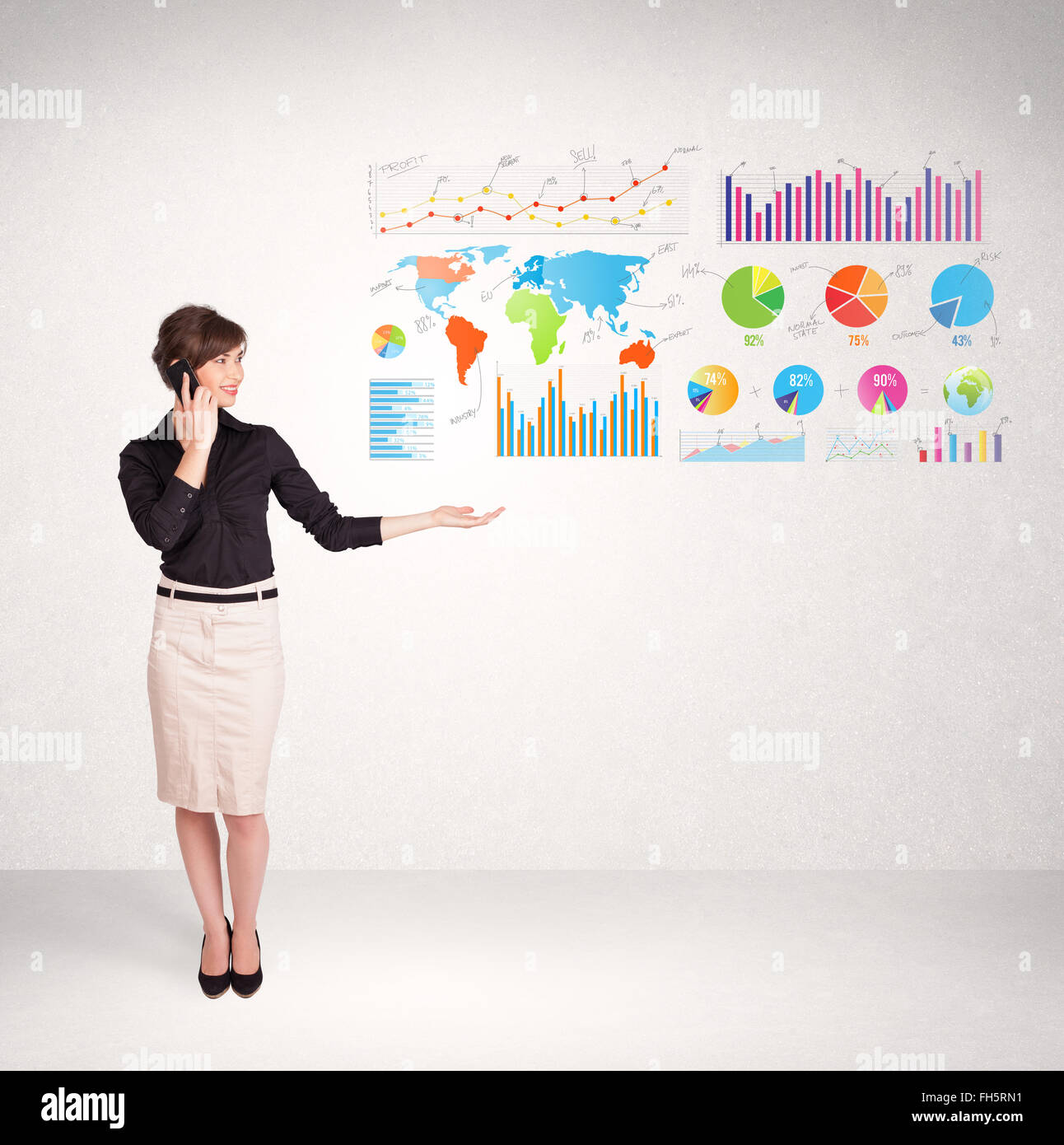Business woman with colorful graphs and charts Stock Photo - Alamy