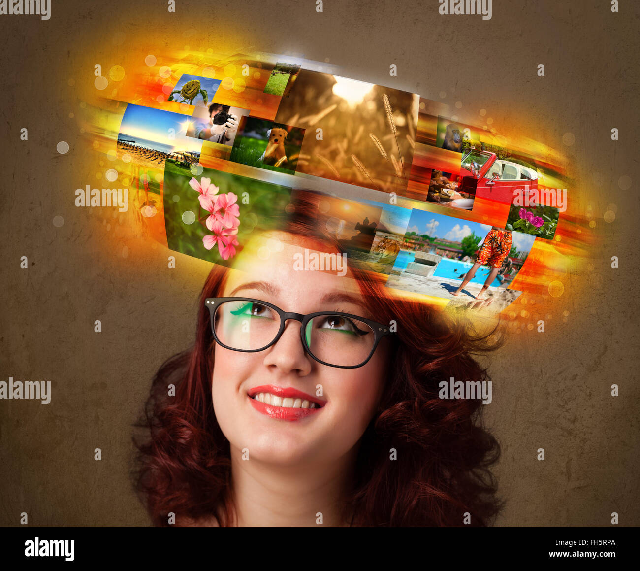 girl with colorful glowing photo memories concept Stock Photo - Alamy
