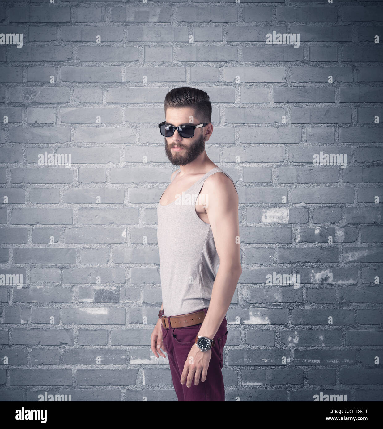 Fashion model in front of brick urban wall Stock Photo - Alamy