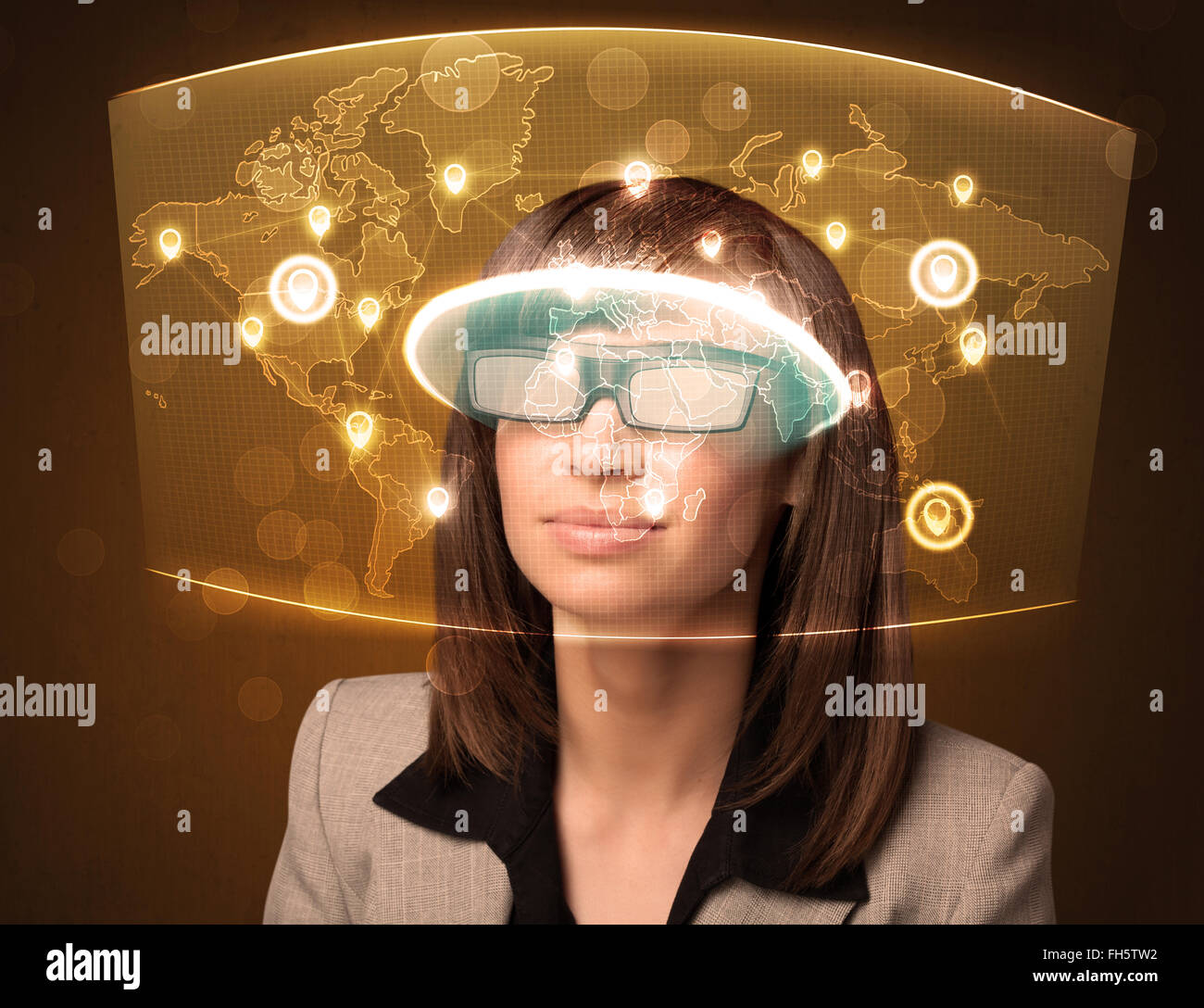 Young woman looking at futuristic social network map Stock Photo - Alamy
