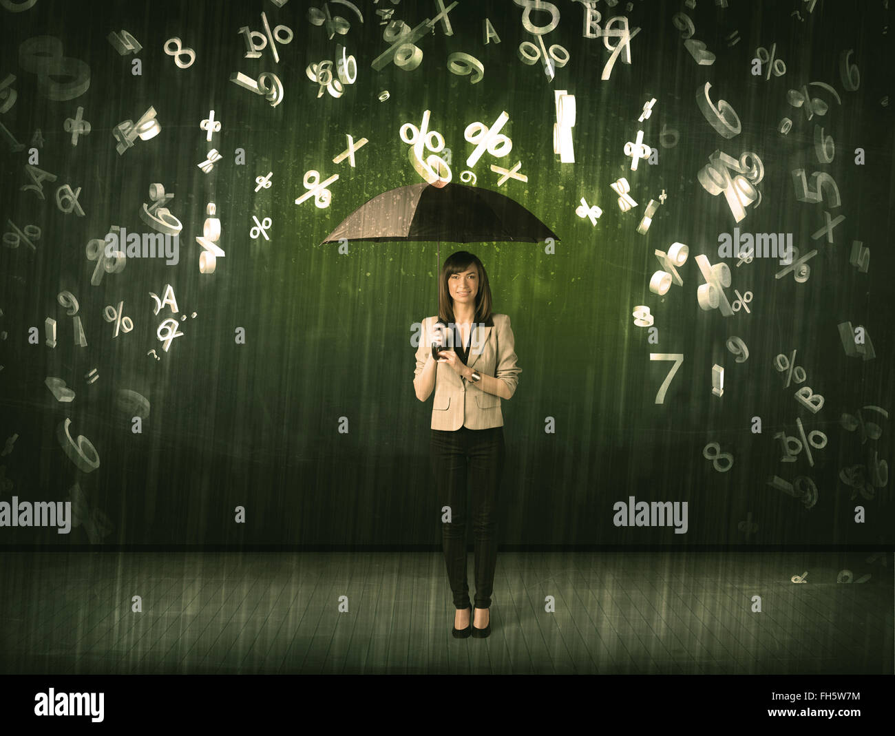 Businesswoman standing with umbrella and 3d numbers raining concept ...