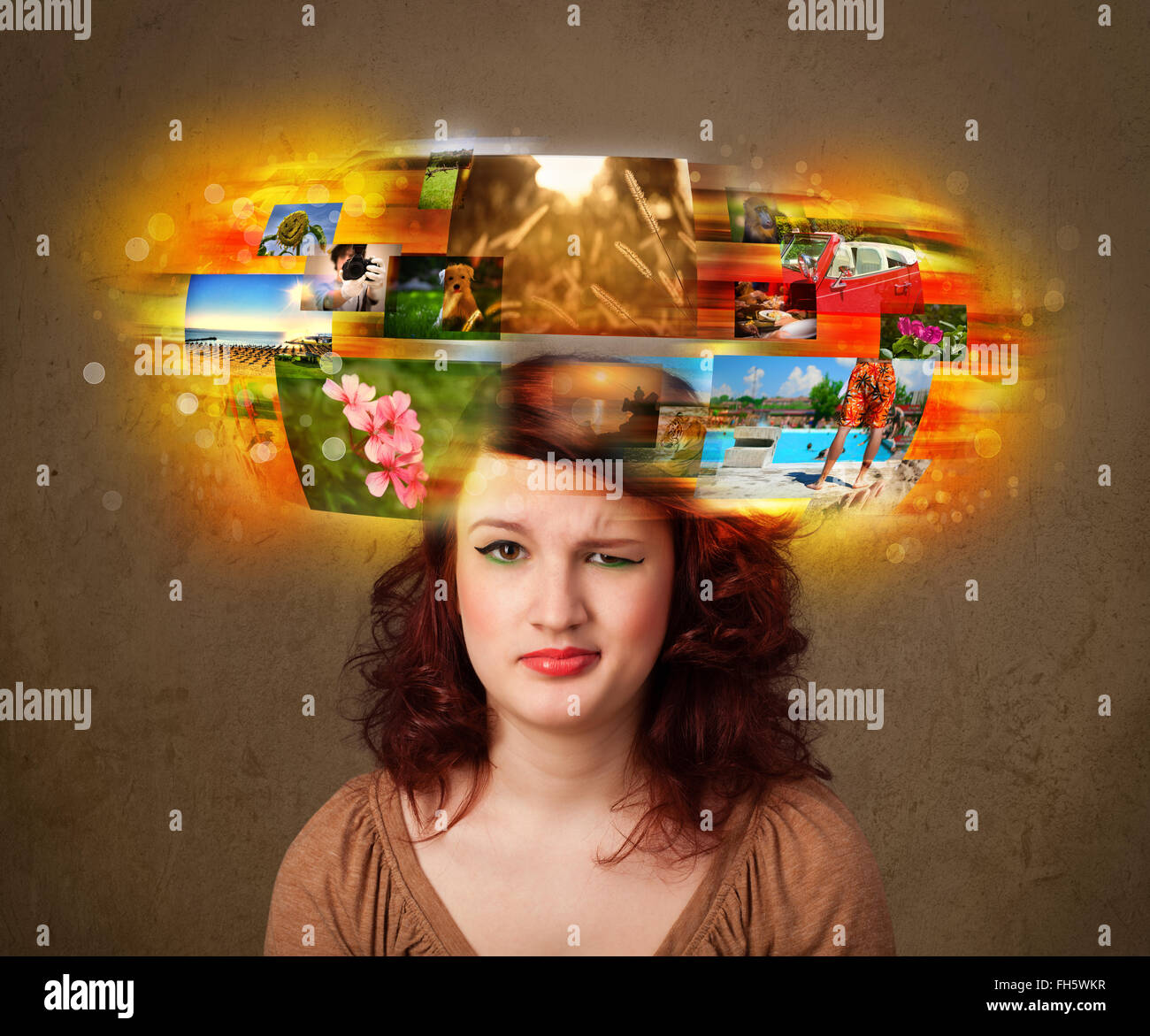 girl with colorful glowing photo memories concept Stock Photo - Alamy