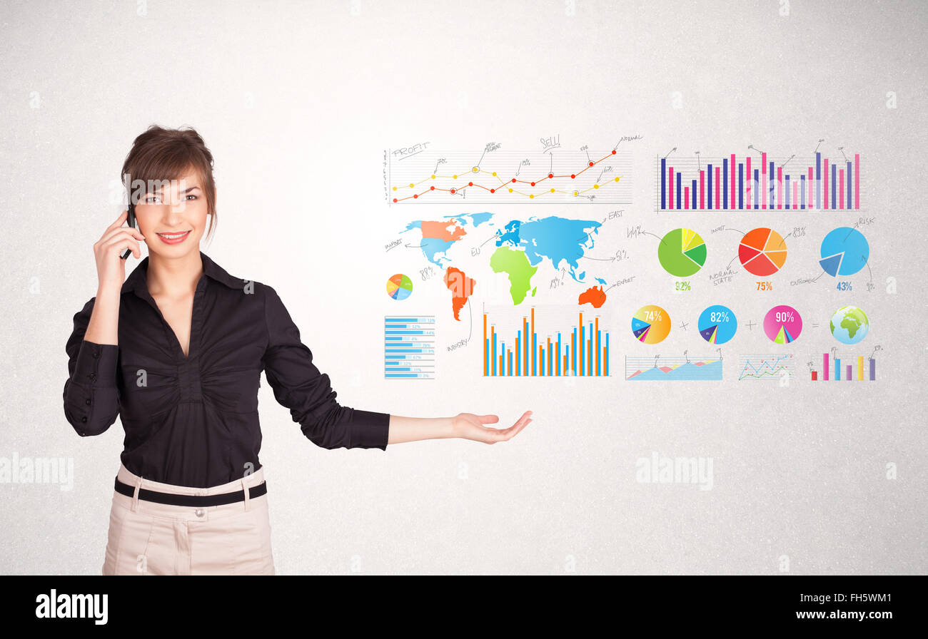 Business woman with colorful graphs and charts Stock Photo - Alamy