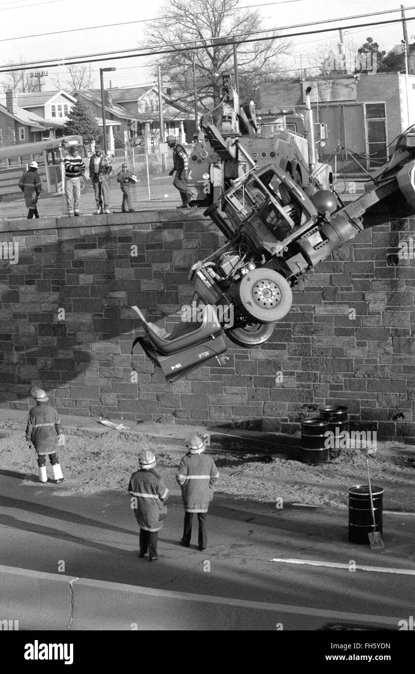 tractor trailer hangs over the bridge in Chapel Oaks, Md Stock Photo ...